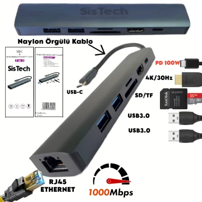 SisTech USB-C 3.0 Hub 1000Mbps Ethernet Çevirici Macbook Uyumlu 4K HDMI ...